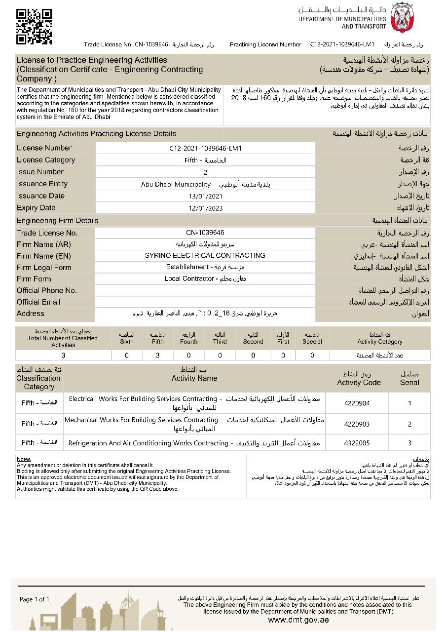 Licenses & ISO Certificates | Syrino Electromechanical